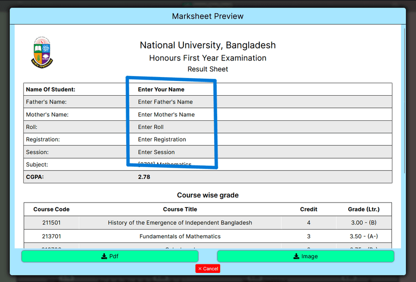 CGPA Calculator for National University. জাতীয় বিশ্ববিদ্যালয়ের জন্য ...